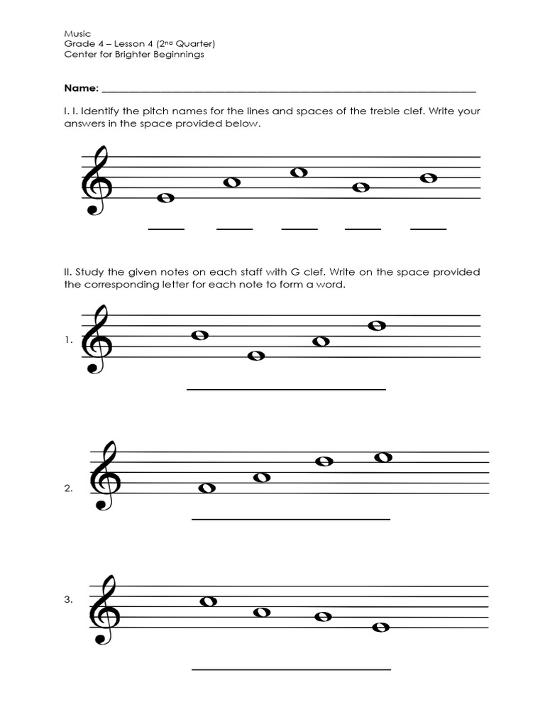 G4 - MUSIC - Q2 - (WS) - Pitch Names in The Treble Clef | PDF