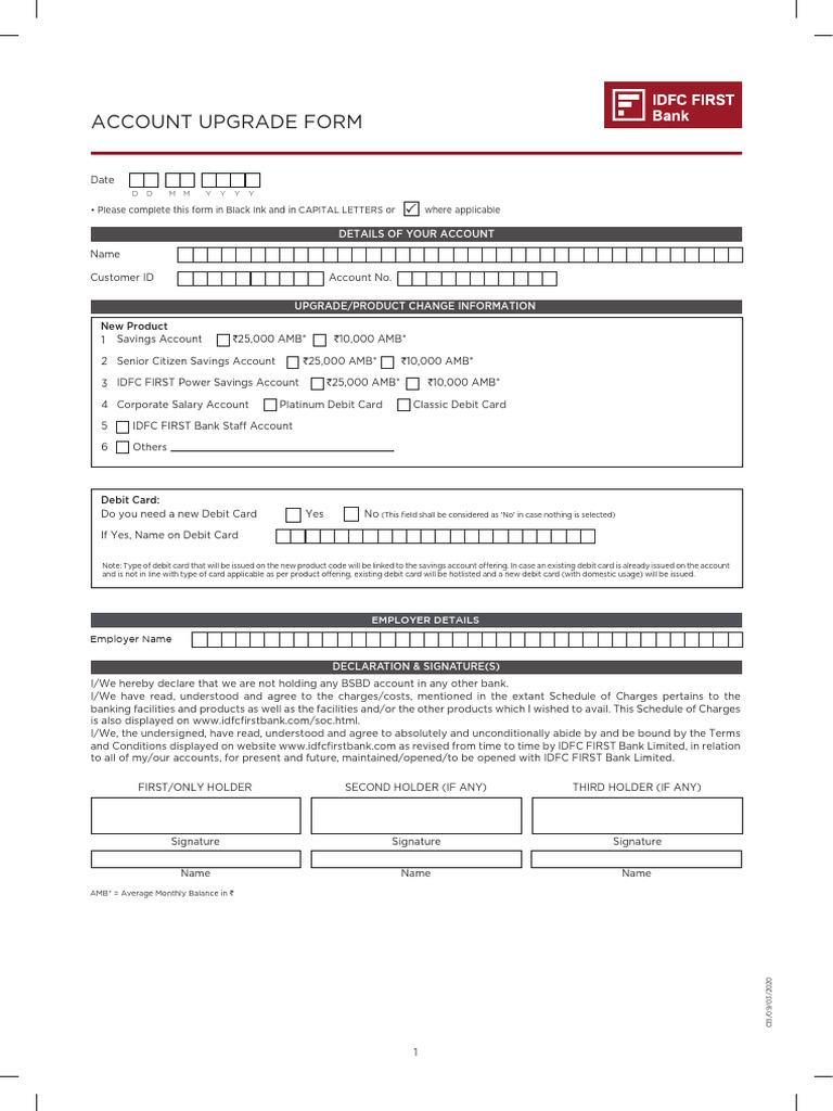 IDFC Account Upgrade Form V6 | PDF | Debit Card | Banks