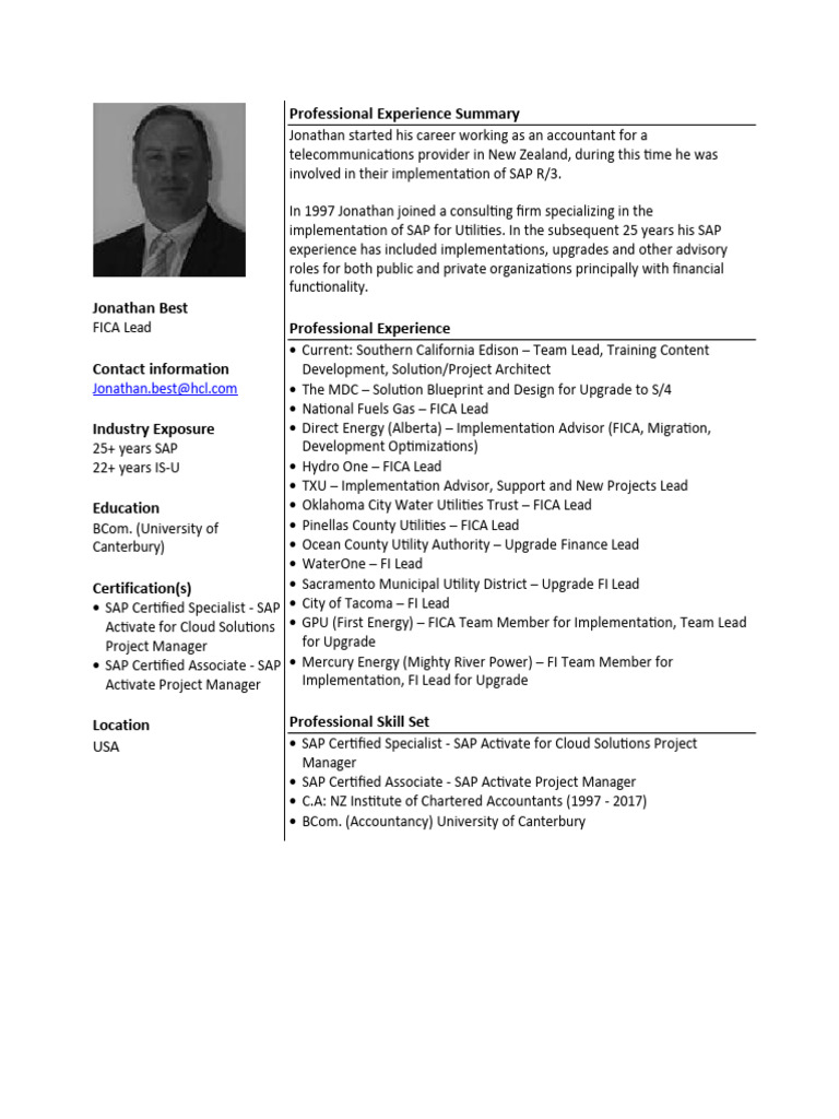 Resume - Jonathan Best (FICA Lead) | PDF | Energy Economics