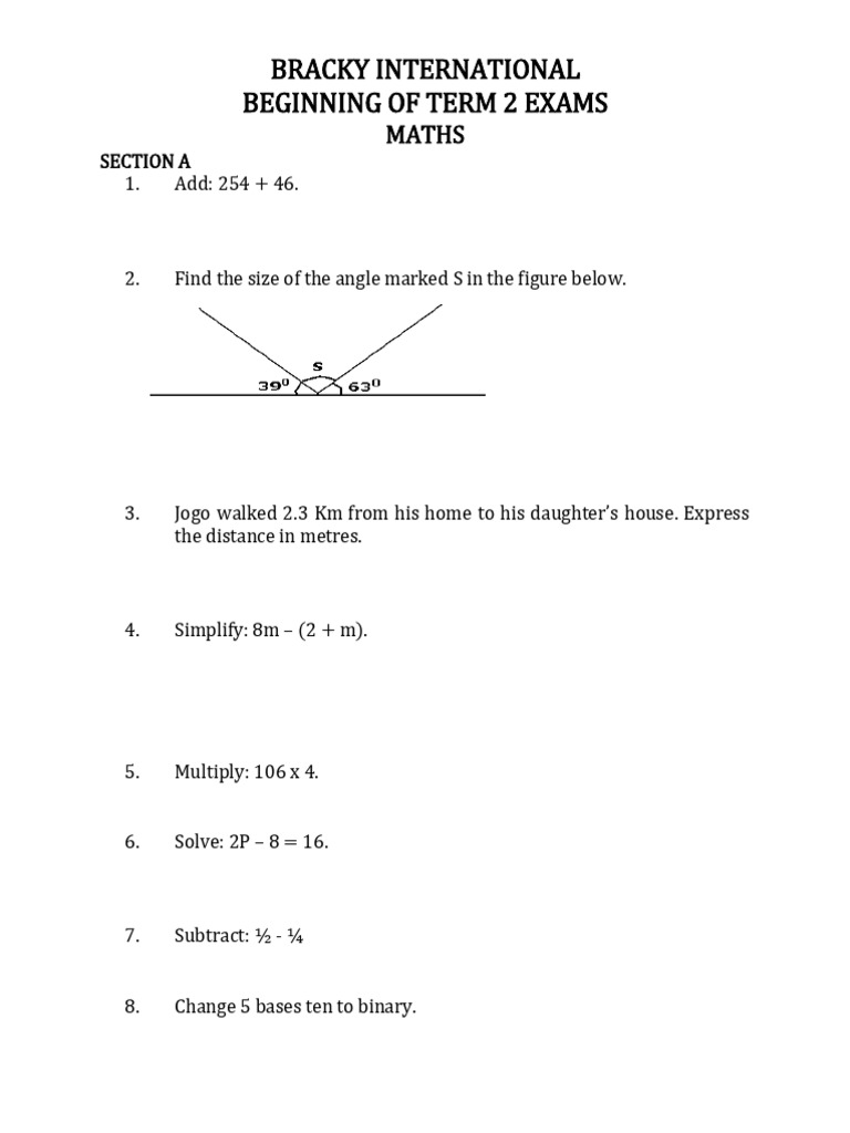 p7 Maths Beginning of Term 2 Exams Bracky International | PDF | Number ...