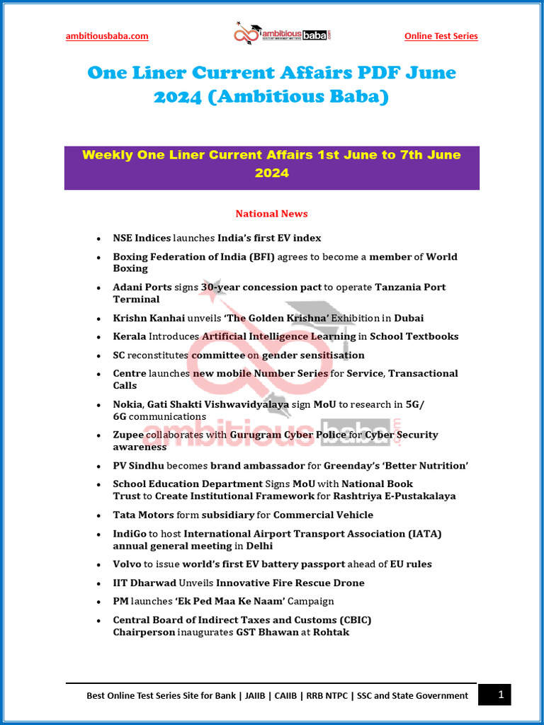 Oneliners PDF June 2024 Ambitious Baba | PDF | Reserve Bank Of India