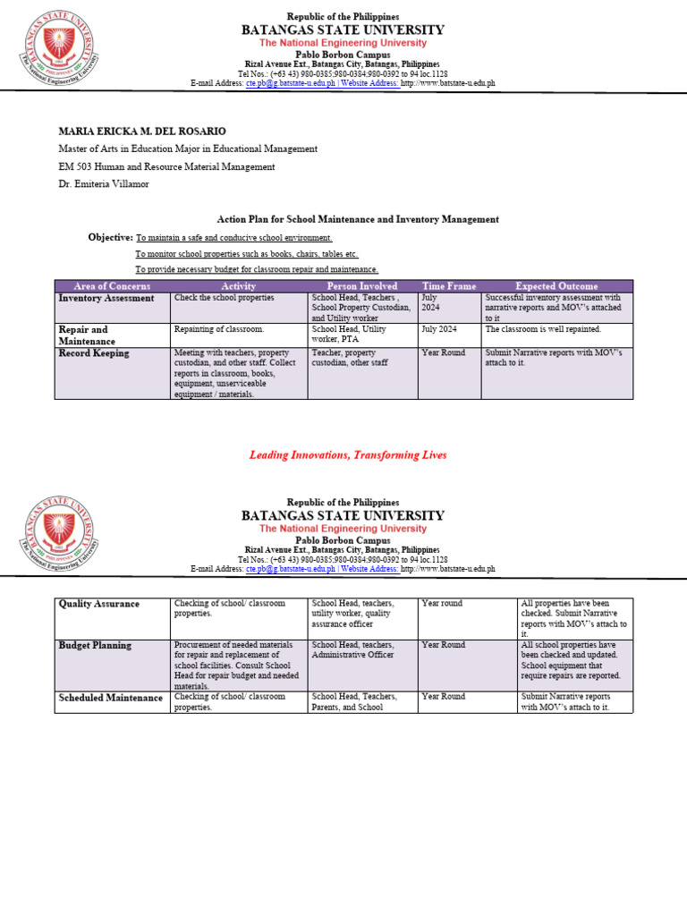 MARIA ERICKA DEL ROSARIO - MAED EM - ACTION PLAN For School Maintenance ...