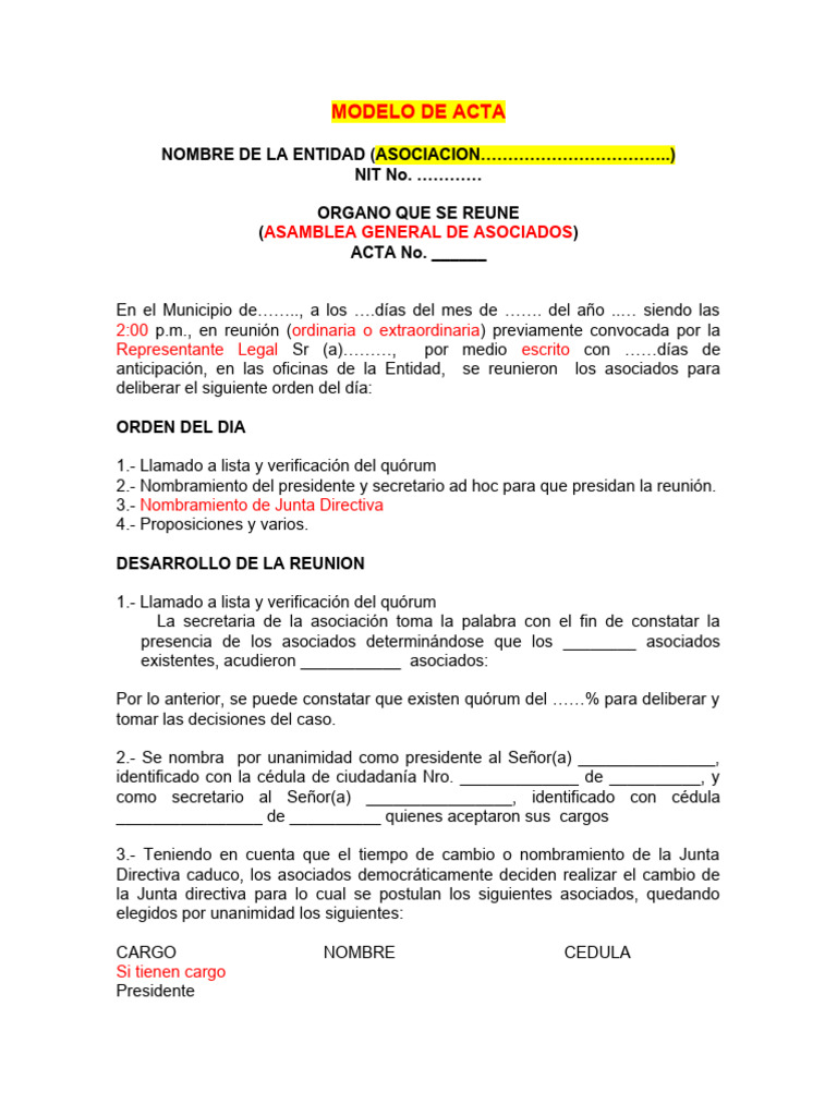 Modelo Acta de Asamblea Esal 2022 | PDF | Gobierno