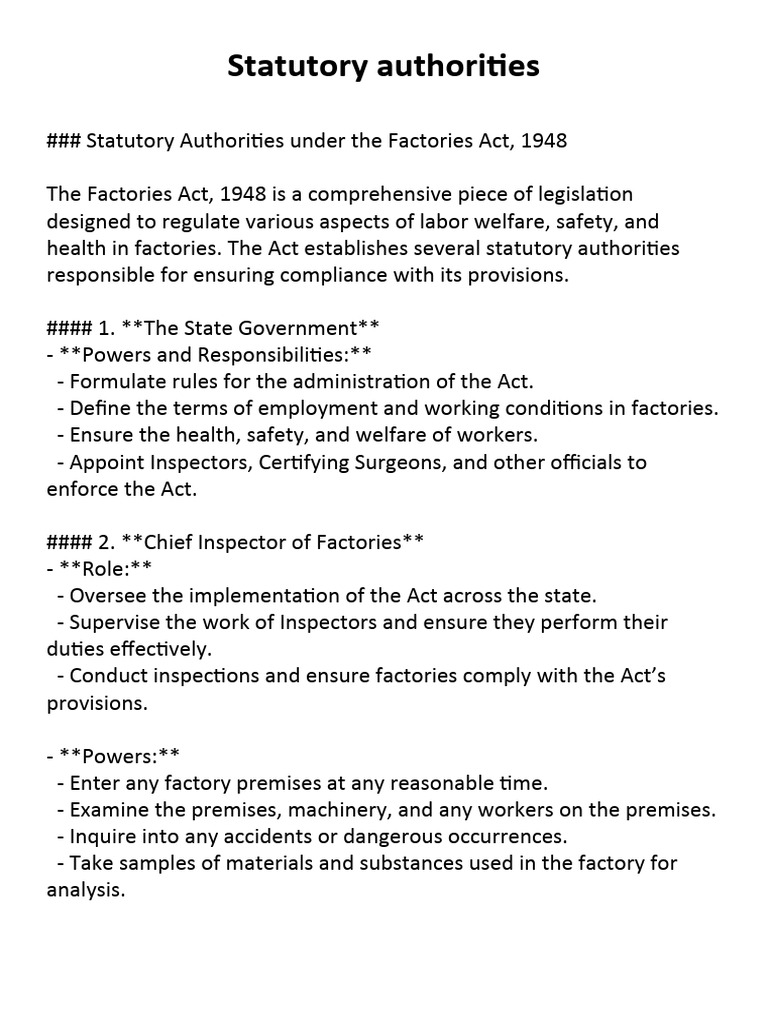 Industrial Safety, Health and Environment Acts - Factory Act (1948 ...
