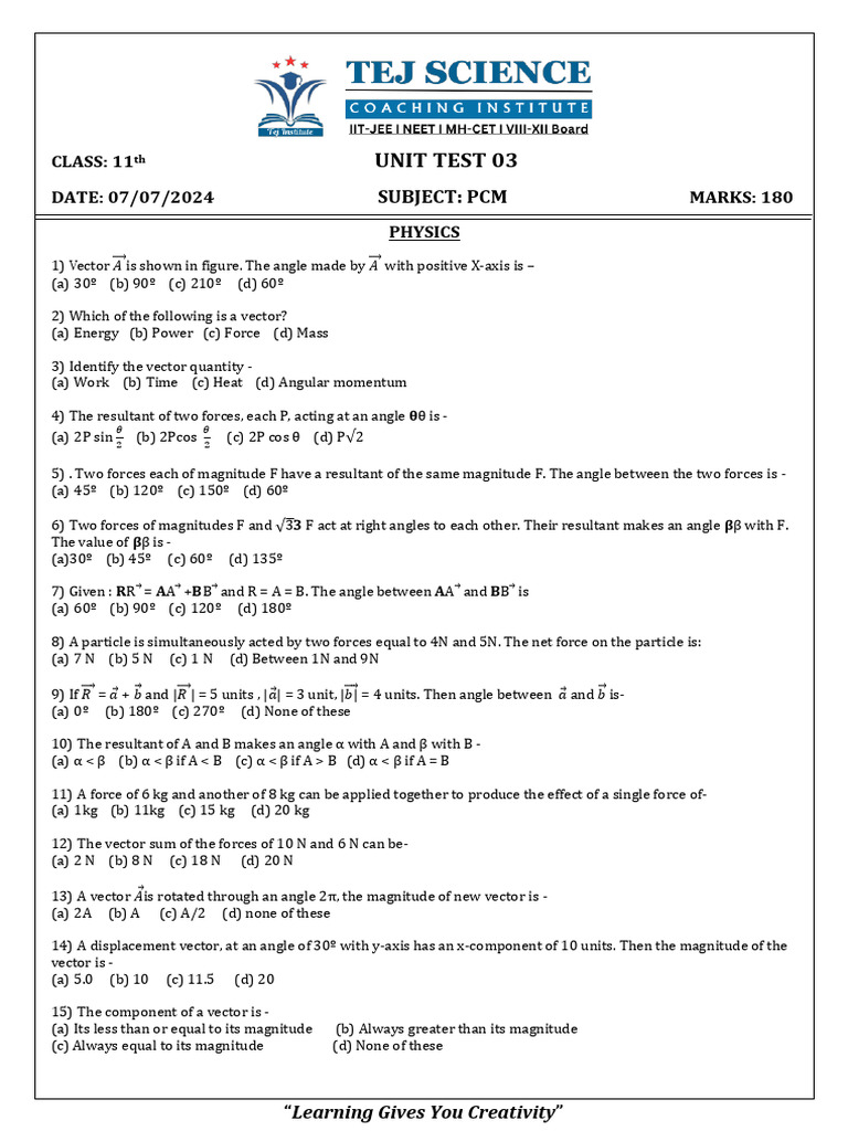 Xi Unit Test 3 QP PCM | PDF | Angle | Force