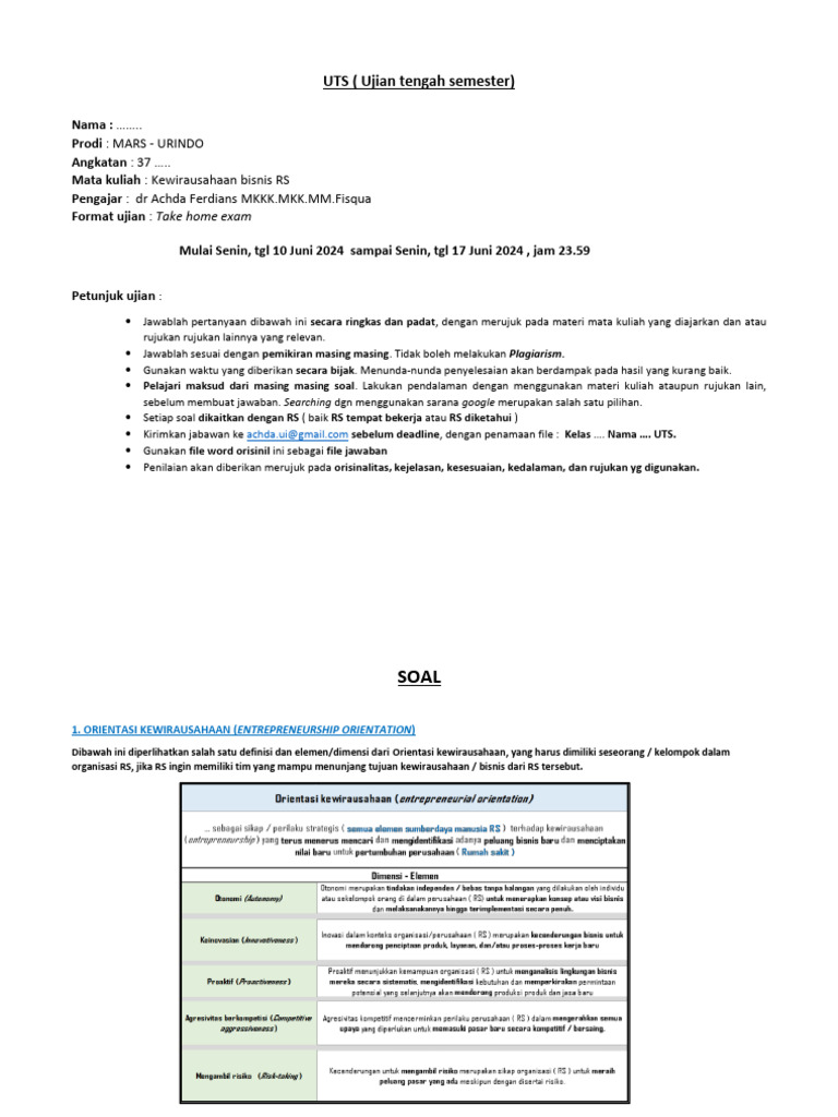 Soal UTS - KEWIRAUSAHAAN & BISNIS RS - MARS 37 C Dan D - Fin | PDF