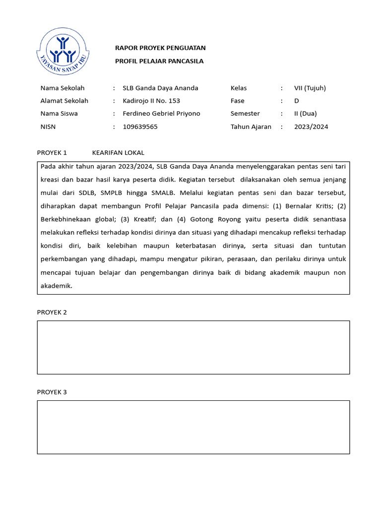 Contoh Rapor P5 Kearifan Lokal | PDF