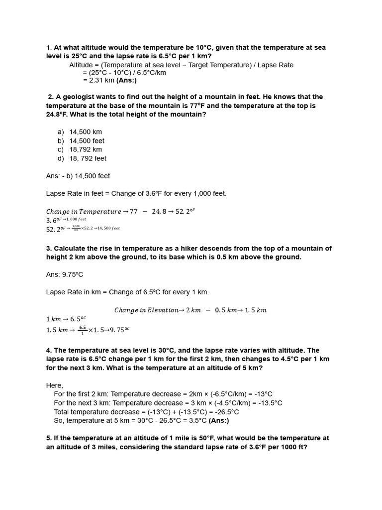 Lapse Rate Calculations and Examples | PDF | Altitude | Mountains