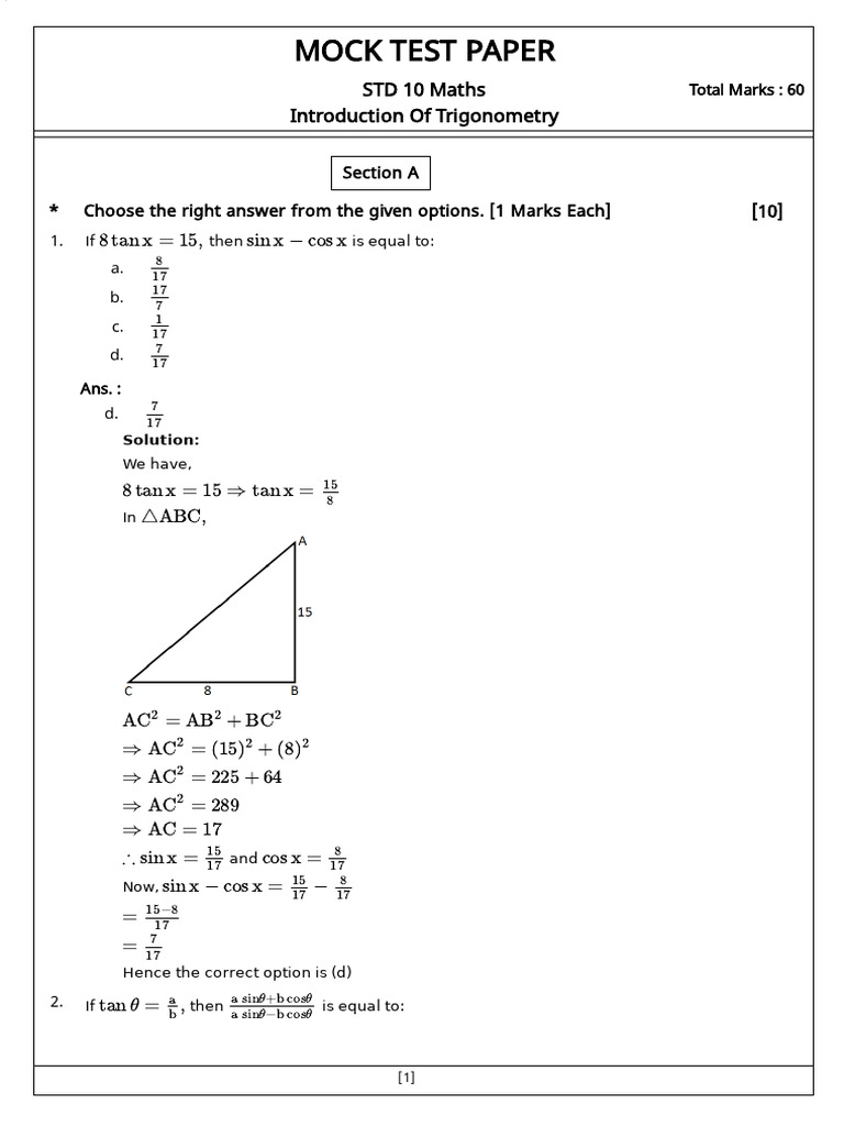 Trigonometry Mock Test Answer Key | PDF | Euclid | Special Functions