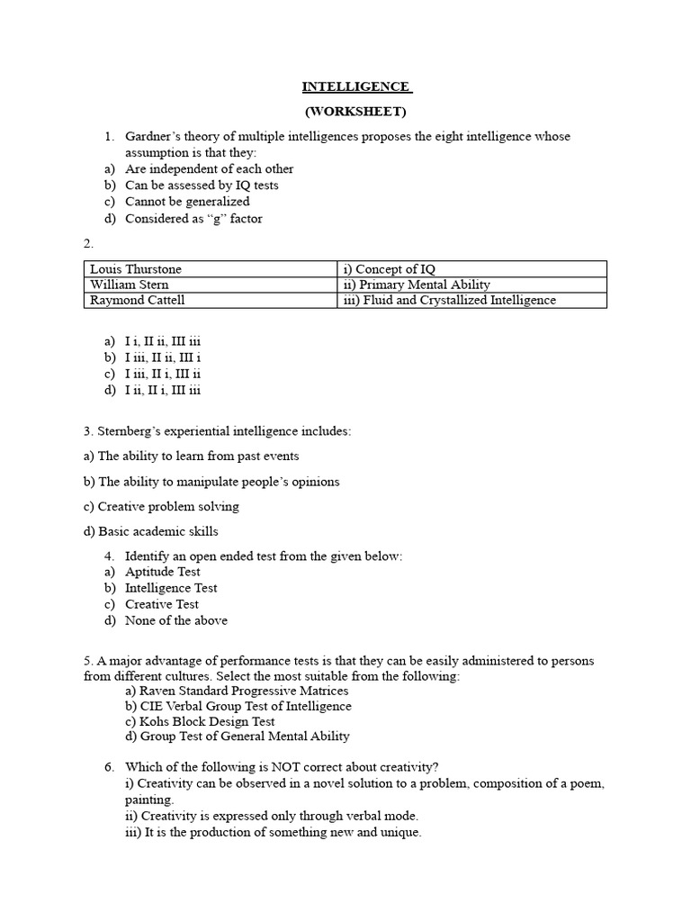 Intelligence Worksheet | PDF | Intelligence Quotient | Intelligence