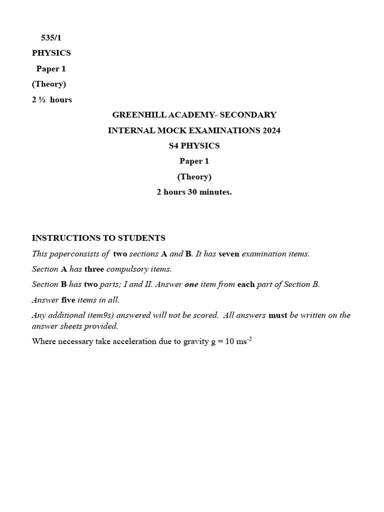 s.4 Physics Paper 1 Mock Examination - 2924 | PDF | Electric Power ...