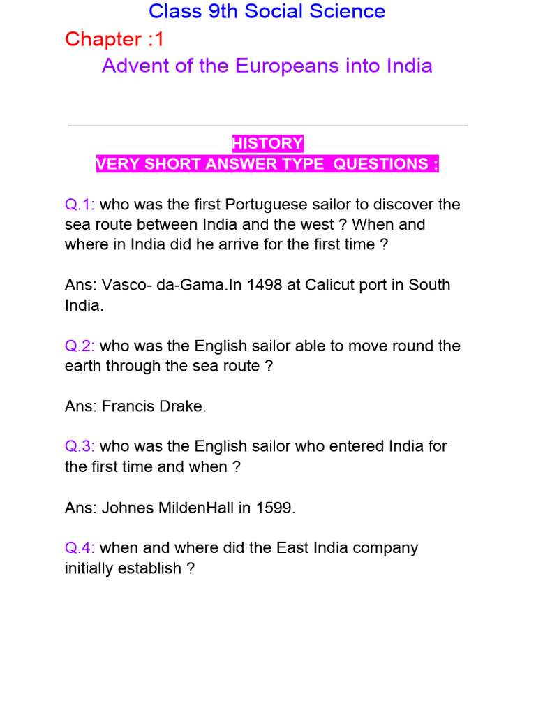 Advent of The Europeans Into India: History Very Short Answer Type ...
