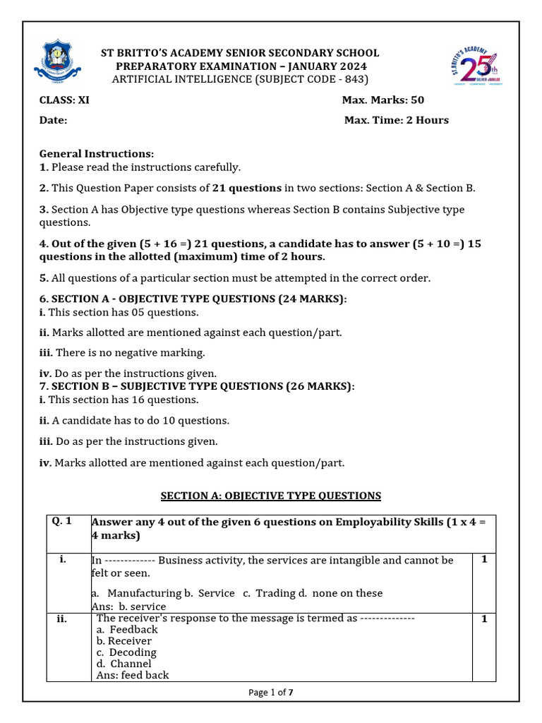 STD XI Preparatory AI QP Key 23 24 | PDF | Artificial Intelligence | Intelligence (AI) & Semantics