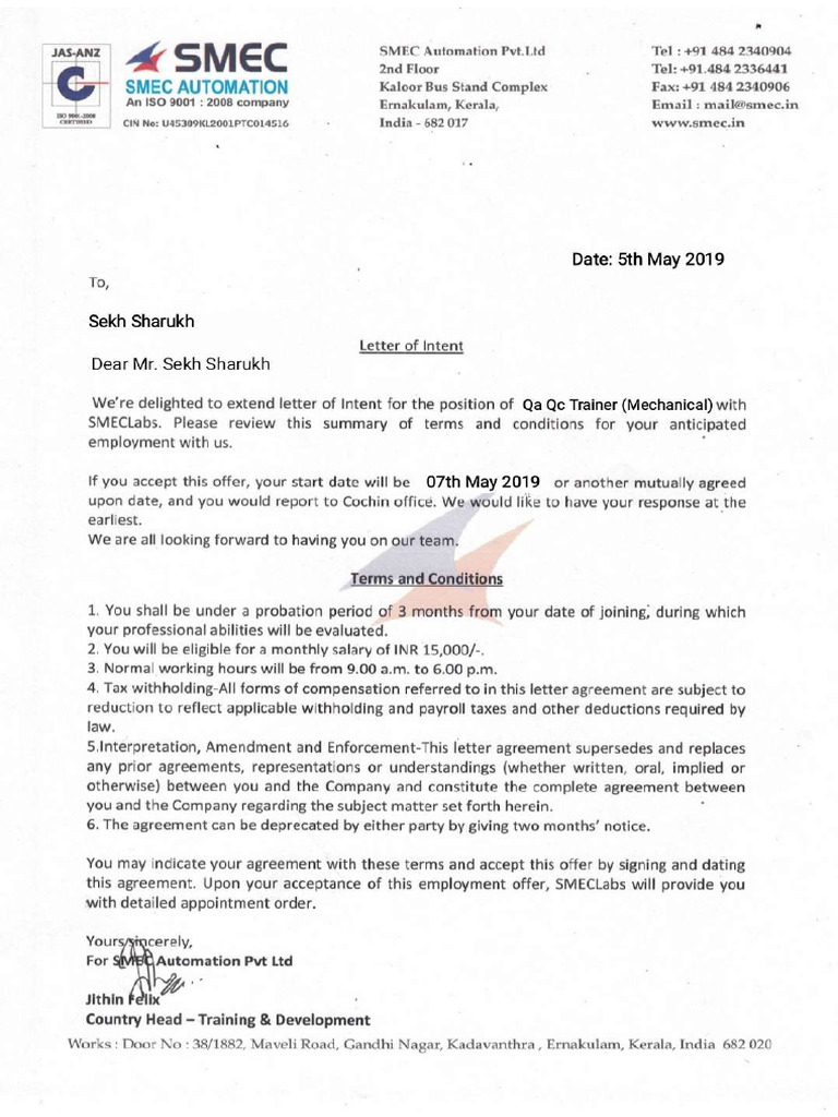 Smec Offer Letter | PDF