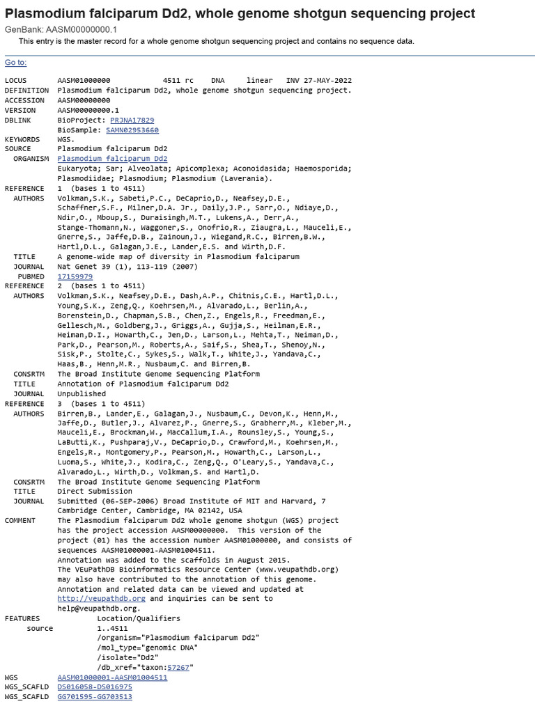 Plasmodium Falciparum Dd2, Whole Genome Shotgun Sequencing Project - Nucleotide - NCBI | PDF ...