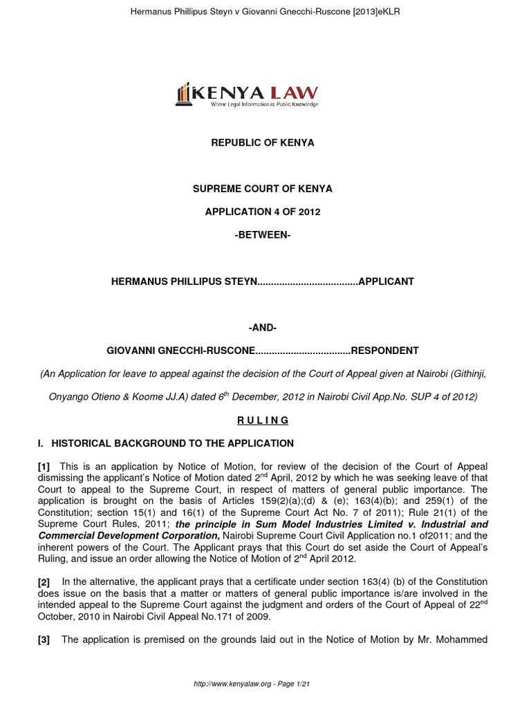 Hermanus Phillipus Steyn V Giovanni Gnecchi-Ruscone (2013) eKLR | PDF ...