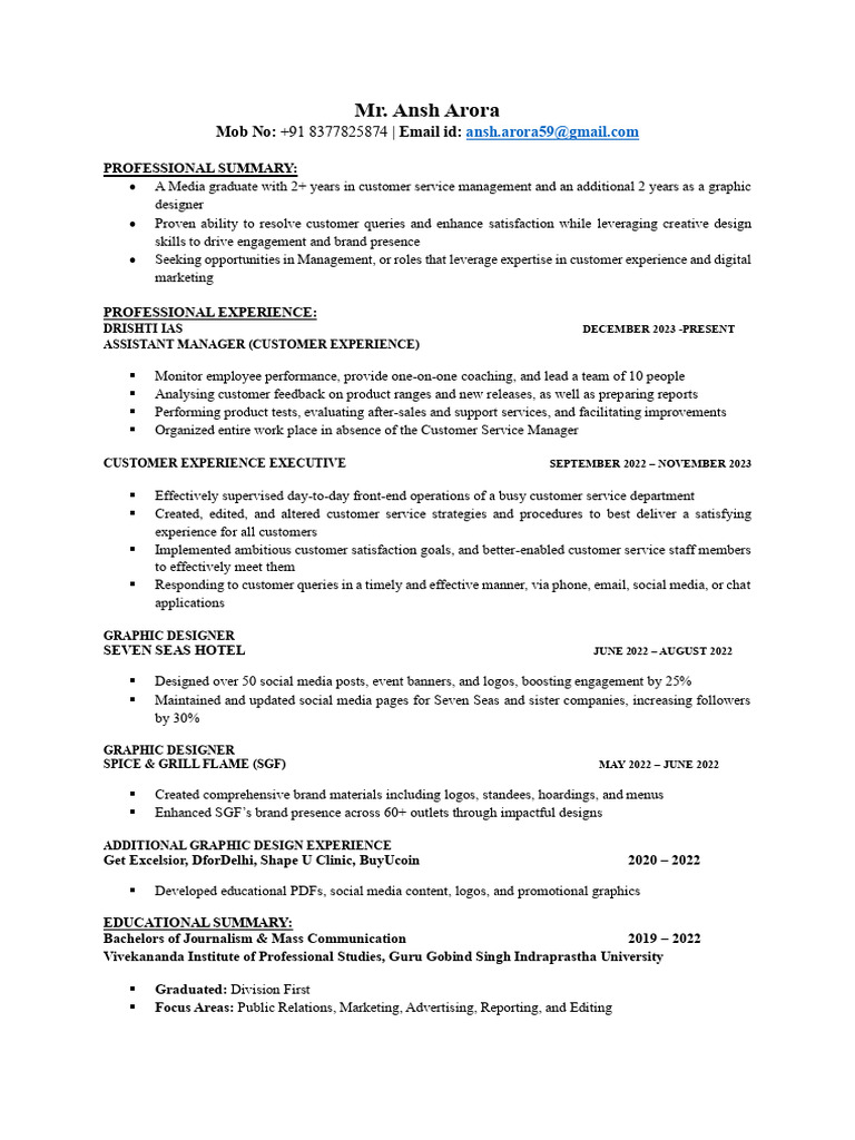 Ansh Arora Cv 2024 Pdf Customer Experience Social Media