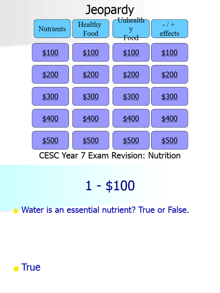Jeopardy Year 7 Nutrition Revision | PDF | Nutrition | Diet & Nutrition