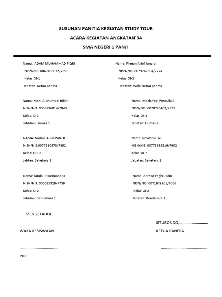 Susunan Panitia Kegiatan Study Tour | PDF | Karier & Perkembangan | Perjalanan