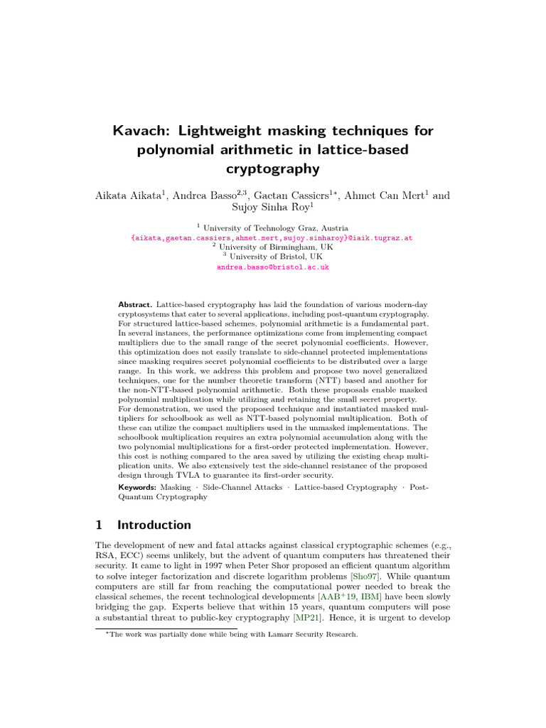Kavach: Lightweight Masking Techniques For Polynomial Arithmetic in Lattice-Based Cryptography ...
