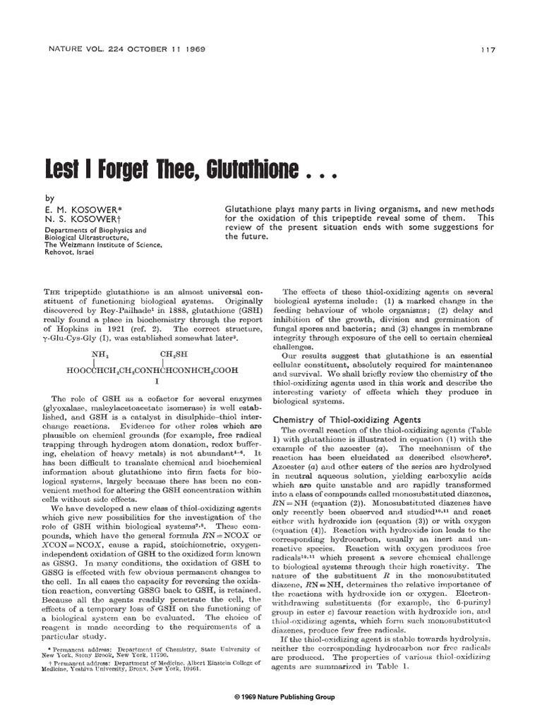 Lest I Forget Thee, &lutalhione .: E. M. Kosower N. S. Kosowert | PDF | Glutathione | Chemical ...