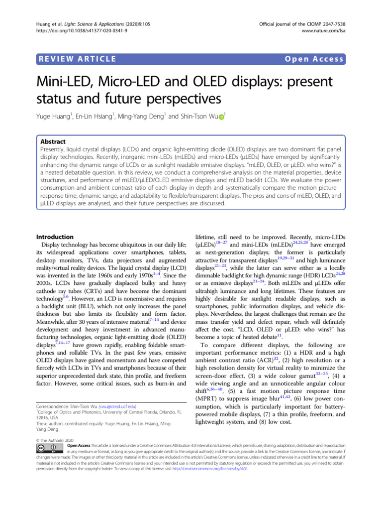 Mini-LED, Micro-LED and OLED Displays: Present Status and Future Perspectives | PDF | Oled ...