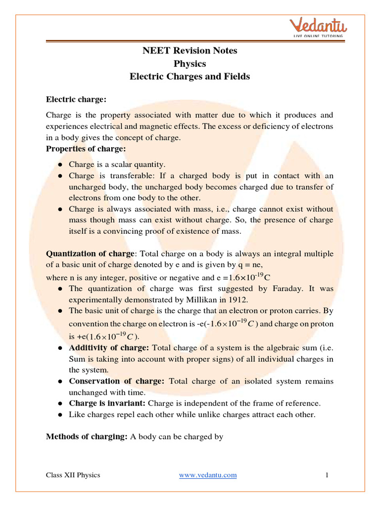 NEET 2024 Revision Notes for Electric Charges and Fields - Free PDF ...