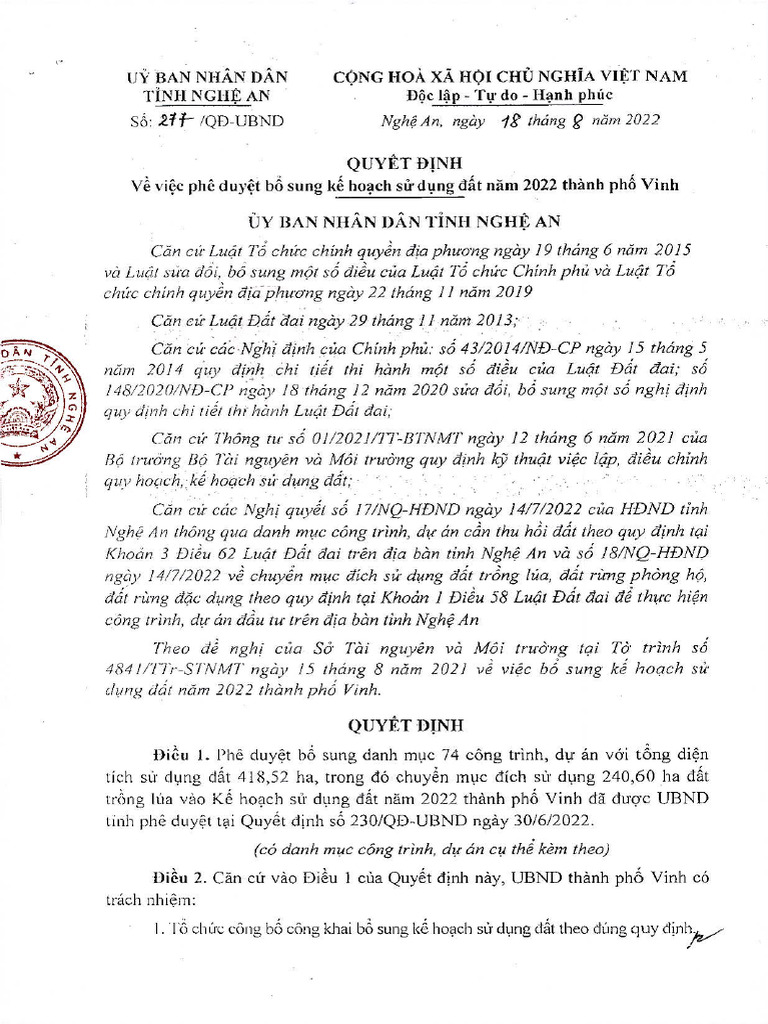 277 QUYET DINH Ve Viec Phe Duyet Bo Sung Ke Hoach Su Dung Dat Nam 2022 ...