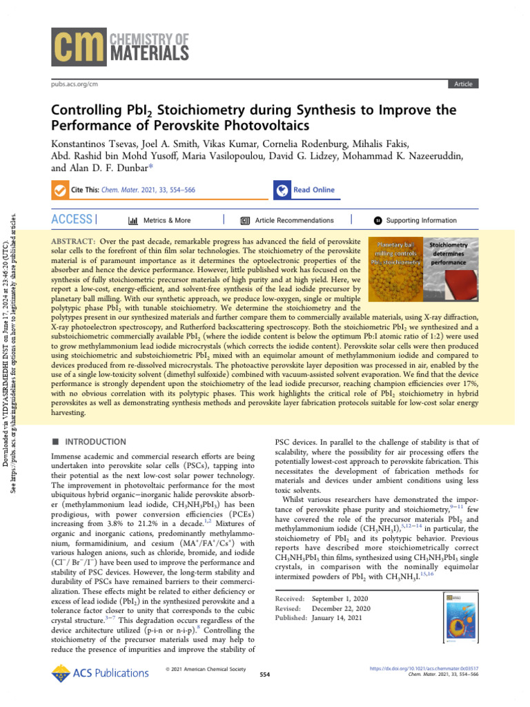 PbI2 Stoichiometry in Perovskite Solar Cells | PDF | Chemistry ...