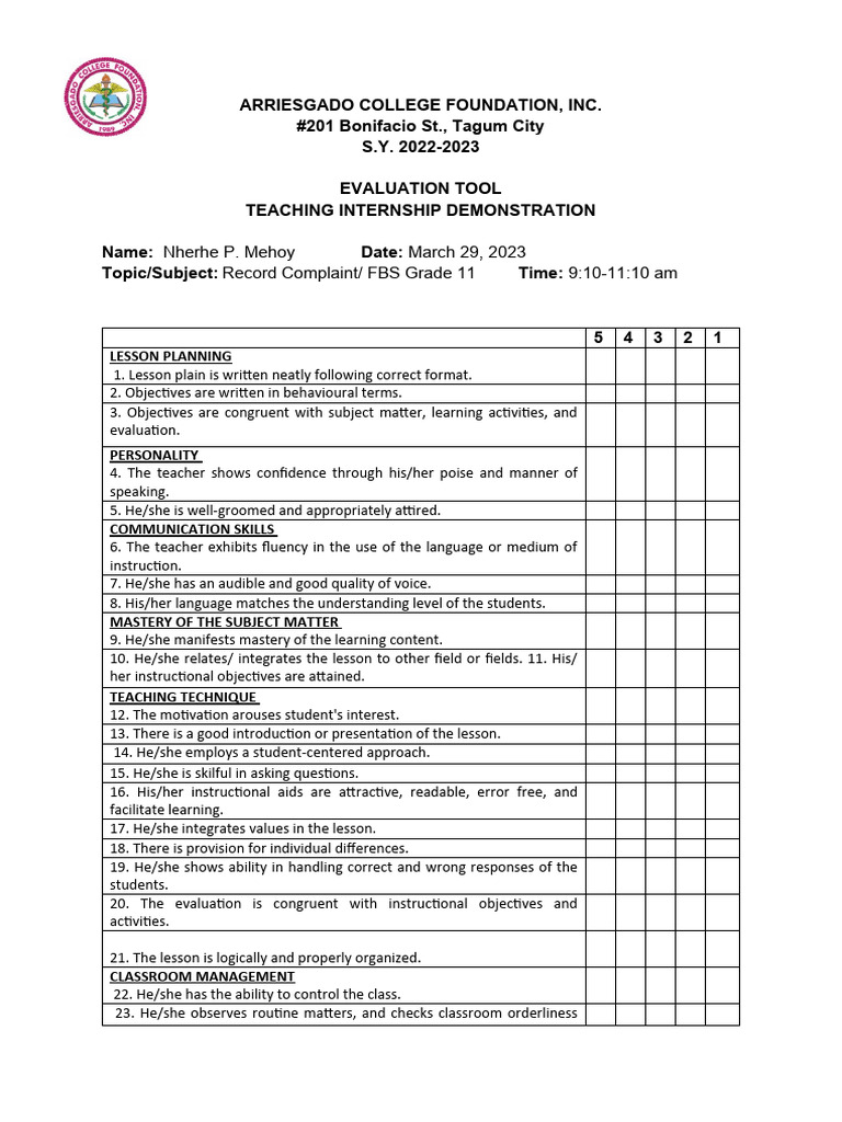 Teaching Internship Evaluation Tool | PDF | Teachers | Classroom Management