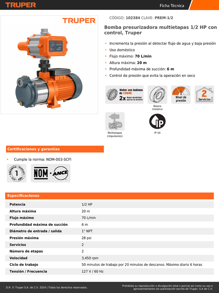 Bomba Presurizadora Multietapas 1/2 HP Con Control, Truper: CÓDIGO: 102384 CLAVE: PREM-1/2 | PDF