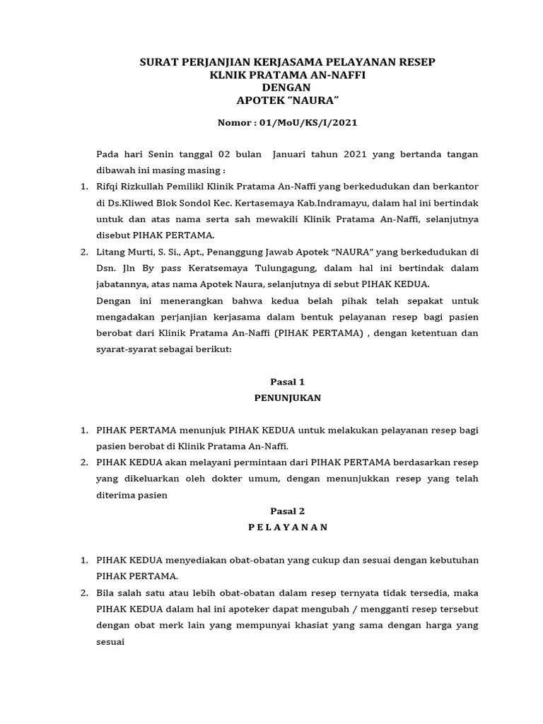 Draft Perjanjian Kerjasama Klinik Dengan Apotik Pdf