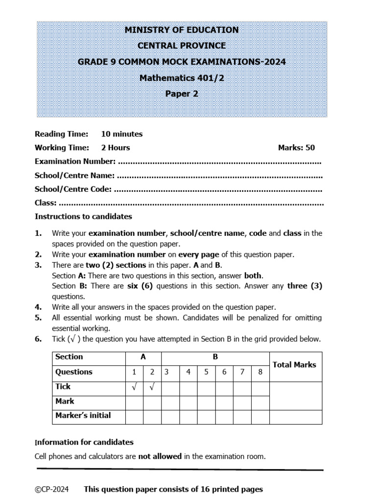 g9 Maths p2 Mock Exam 2024 | PDF | Mathematics | Euclidean Geometry