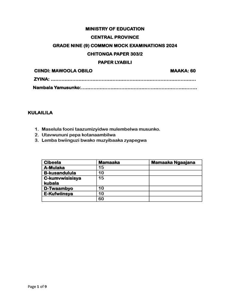 Grade 9 Chitonga P2 Mock | PDF | Bantu