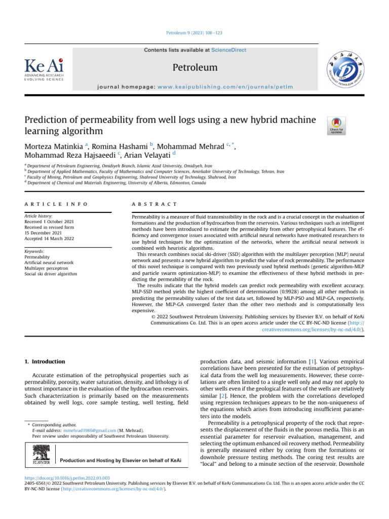 Prediction of Permeability From Well Logs Using A New Hybrid Machine Learning Algorithm | PDF ...