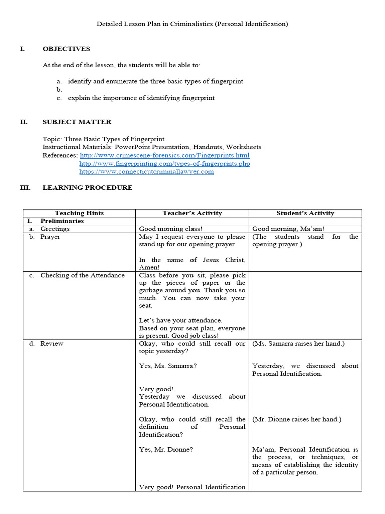 Lesson Plan in Criminology Fingerprint | PDF | Fingerprint