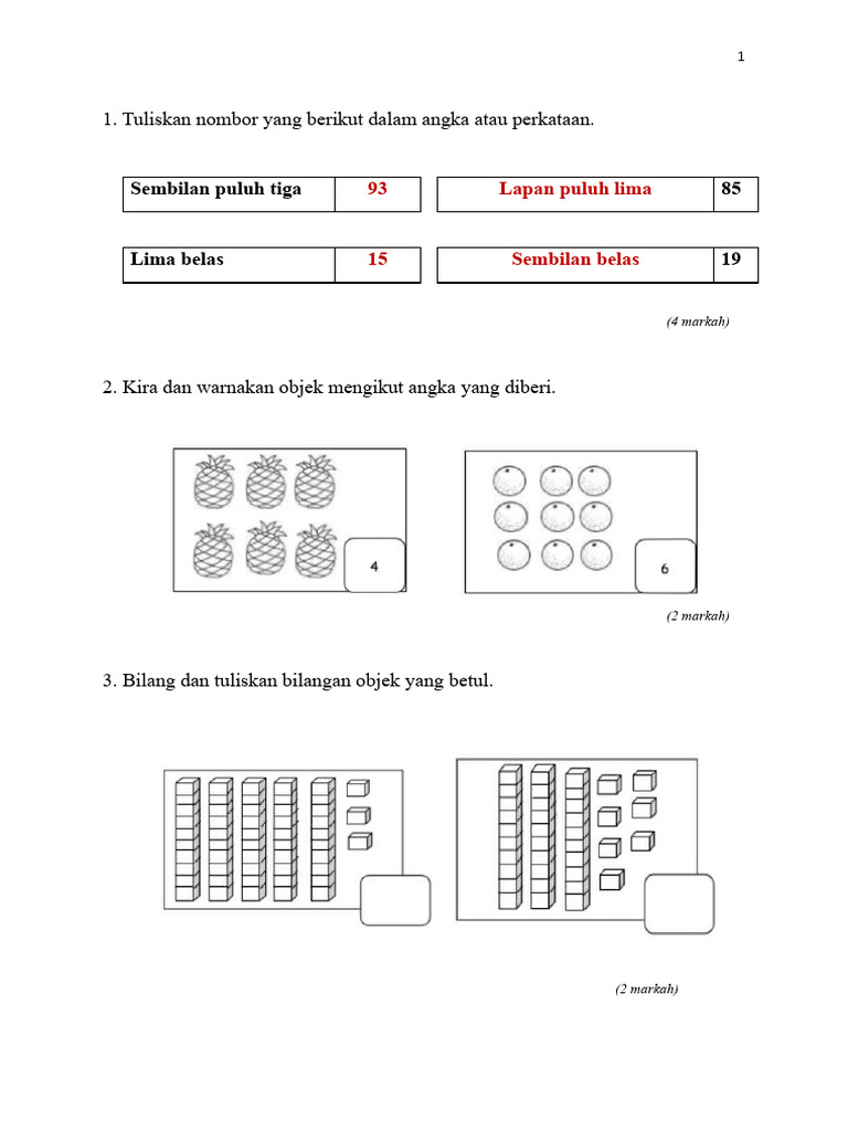 Sumatif Math Tahun 1 (Skema Jawapan) | PDF