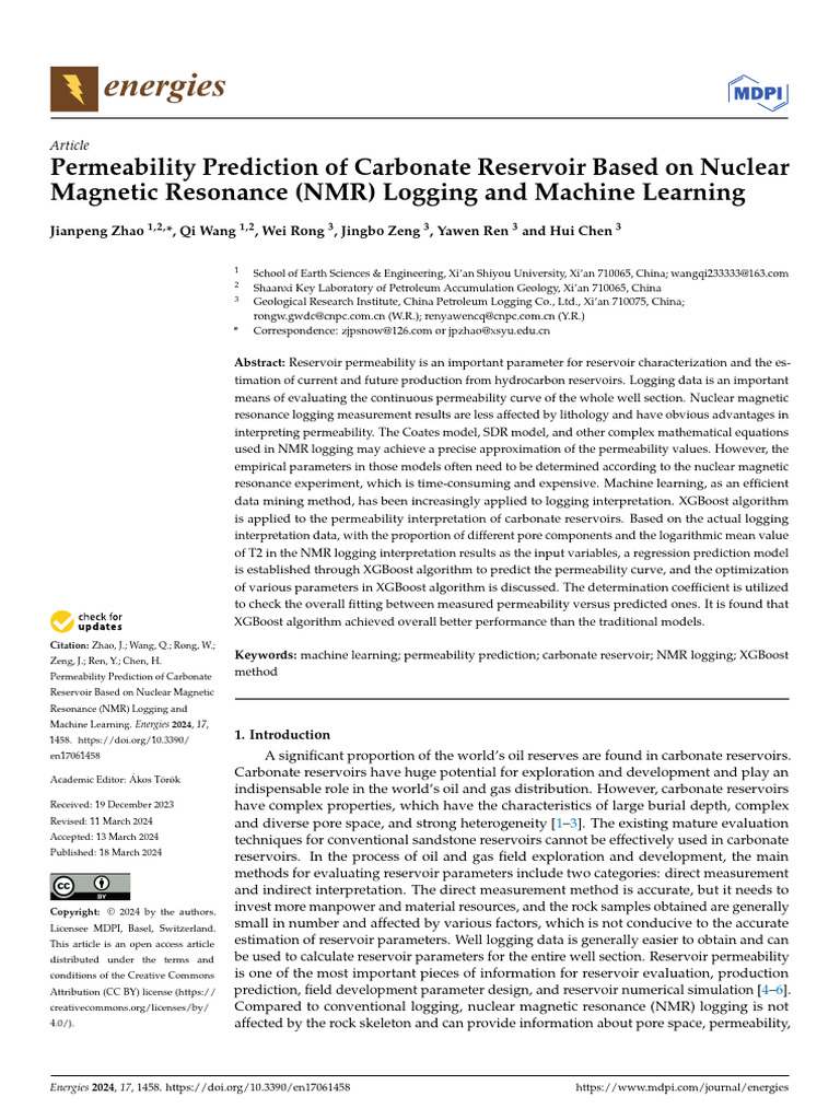 Permeability Prediction of Carbonate Reservoir Based on Nuclear Magnetic Resonance (NMR) Logging ...