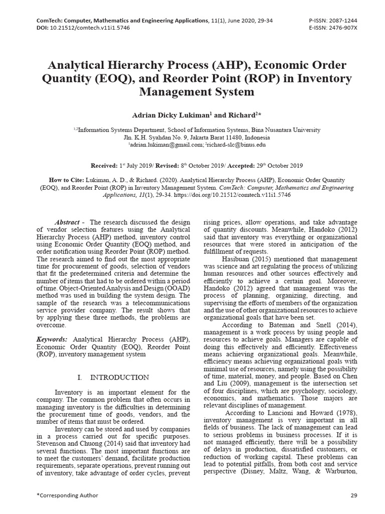Analytical Hierarchy Process AHP Economic Order Qu | PDF | Inventory | Matrix (Mathematics)