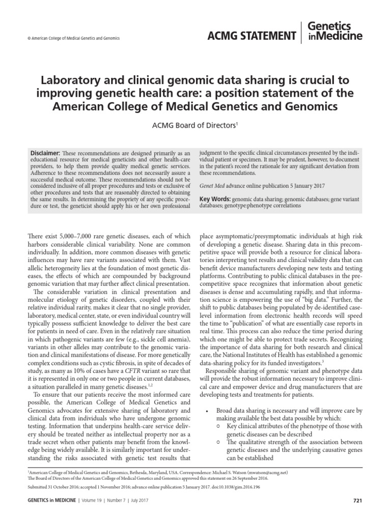 Laboratory and Clinical Genomic Data Sharing Is Crucial To Impr - 2017 ...