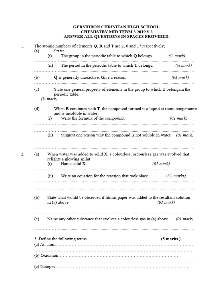 S2 Chemistry Mid Term 3 | PDF | Solubility | Chemical Compounds