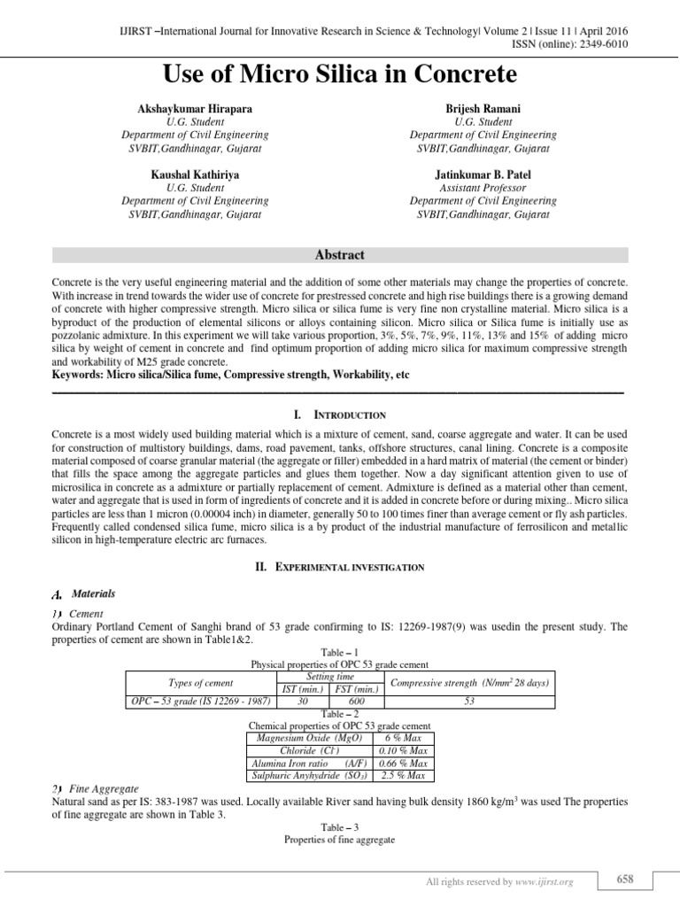 Use of Micro Silica in Concrete | PDF | Concrete | Materials