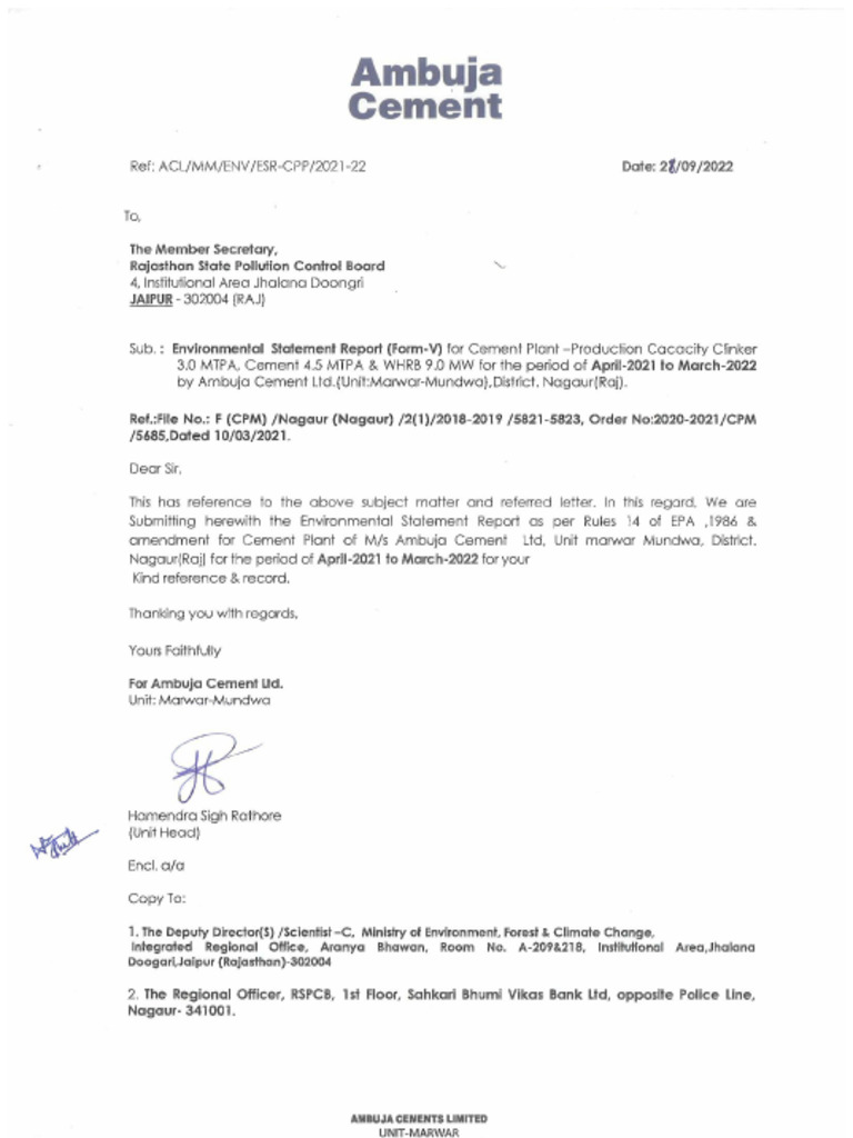 Marwar Mundwa Esr Report Form - V For Cement Plant - Ambuja Cement LT | PDF