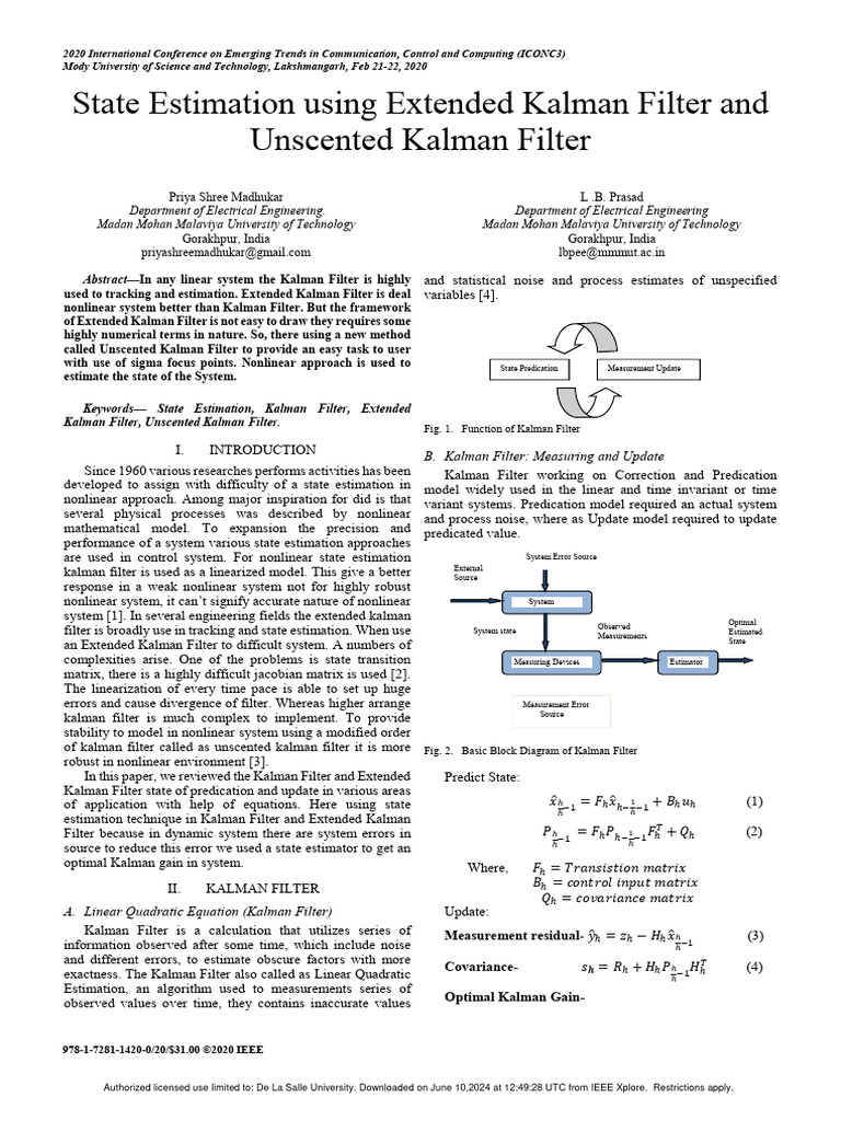 State Estimation Using Extended Kalman Filter and Unscented Kalman Filter | PDF | Kalman Filter ...