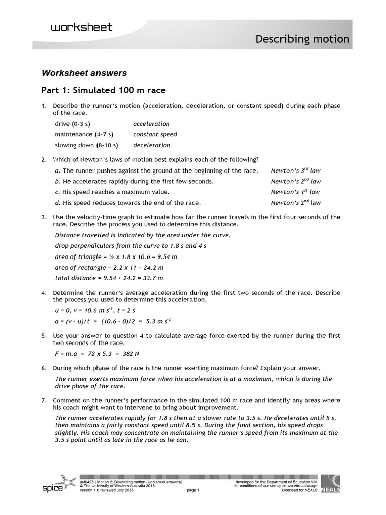 Worksheet Answers Describing Motion | PDF | Acceleration | Force
