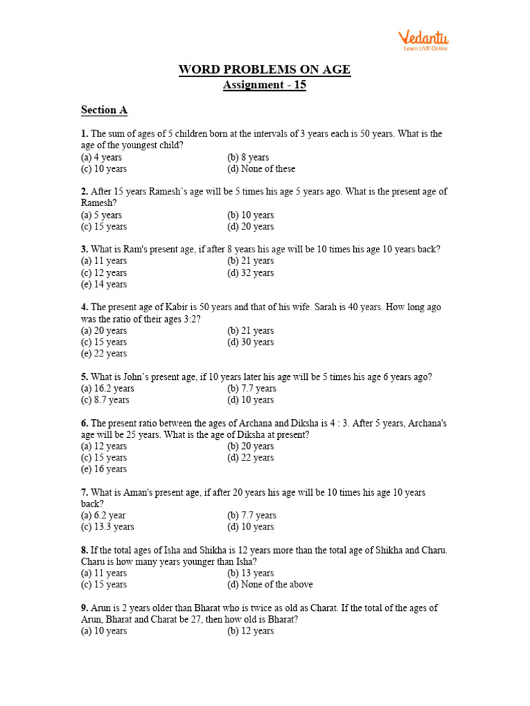 G5-6 - Word Problems On Age - Assignment - S15 - L4 | PDF | Equations | Mathematics