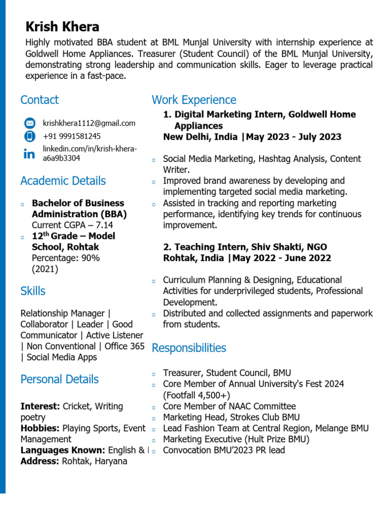 Krish Khera Resume 2 | PDF | Business | Human Communication
