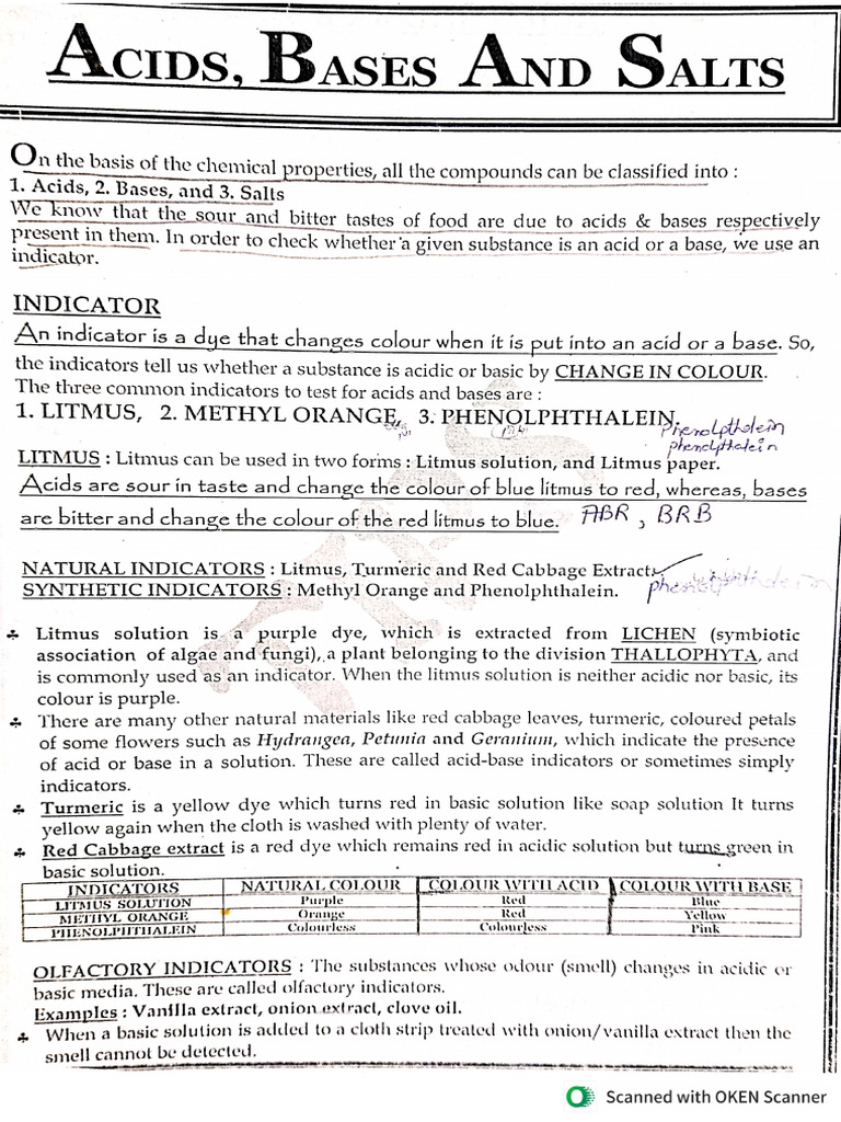 Acids, Bases and Salts Notes | PDF
