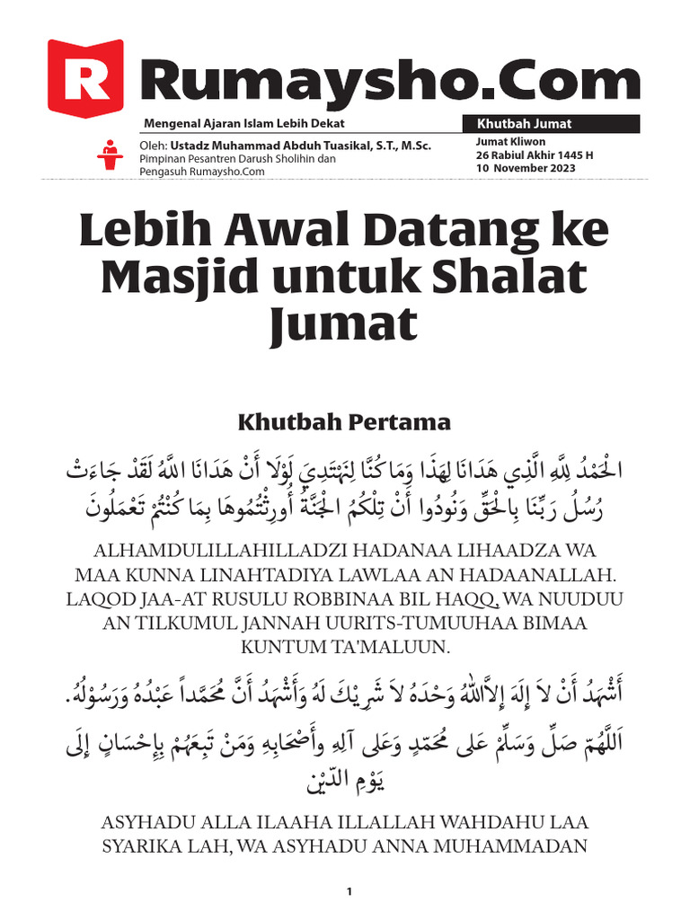 Khutbah Jumat Lebih Awal Datang Ke Masjid Untuk Shalat Jumat | PDF
