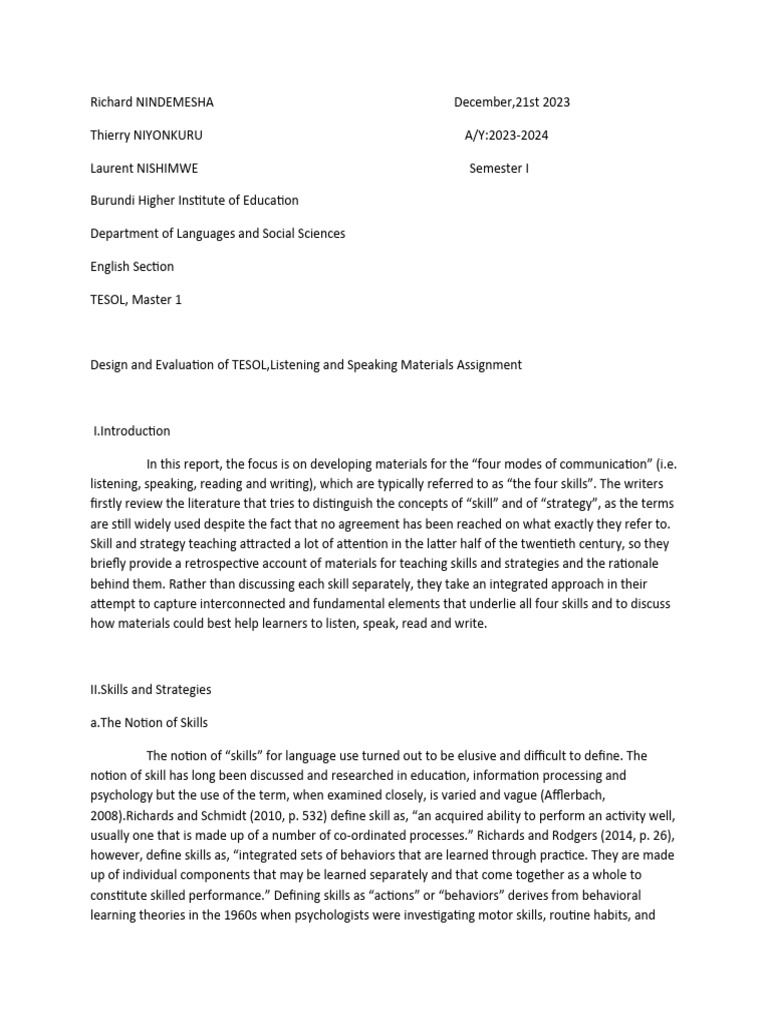 TESOL Skills & Strategies Evaluation | PDF | Learning | Second Language